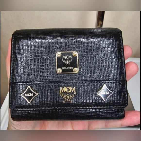 MCM | Bags | Mcm Small Black Trifold Wallet With Mcm Charm | Poshmark